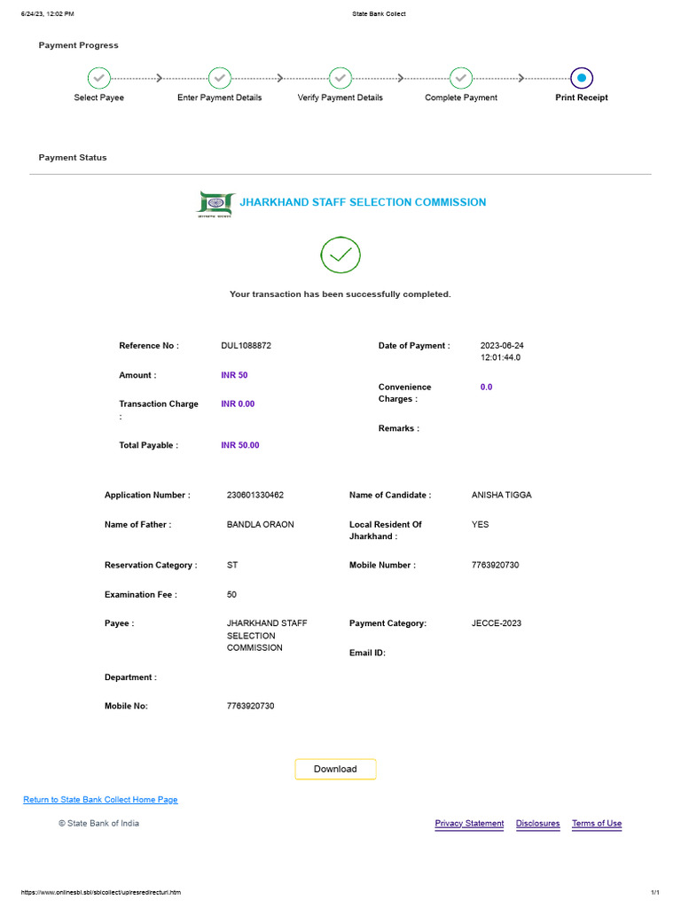 Anisha Tigga Utpad Shipahi Payment Receipt | PDF | Payments | Receipt