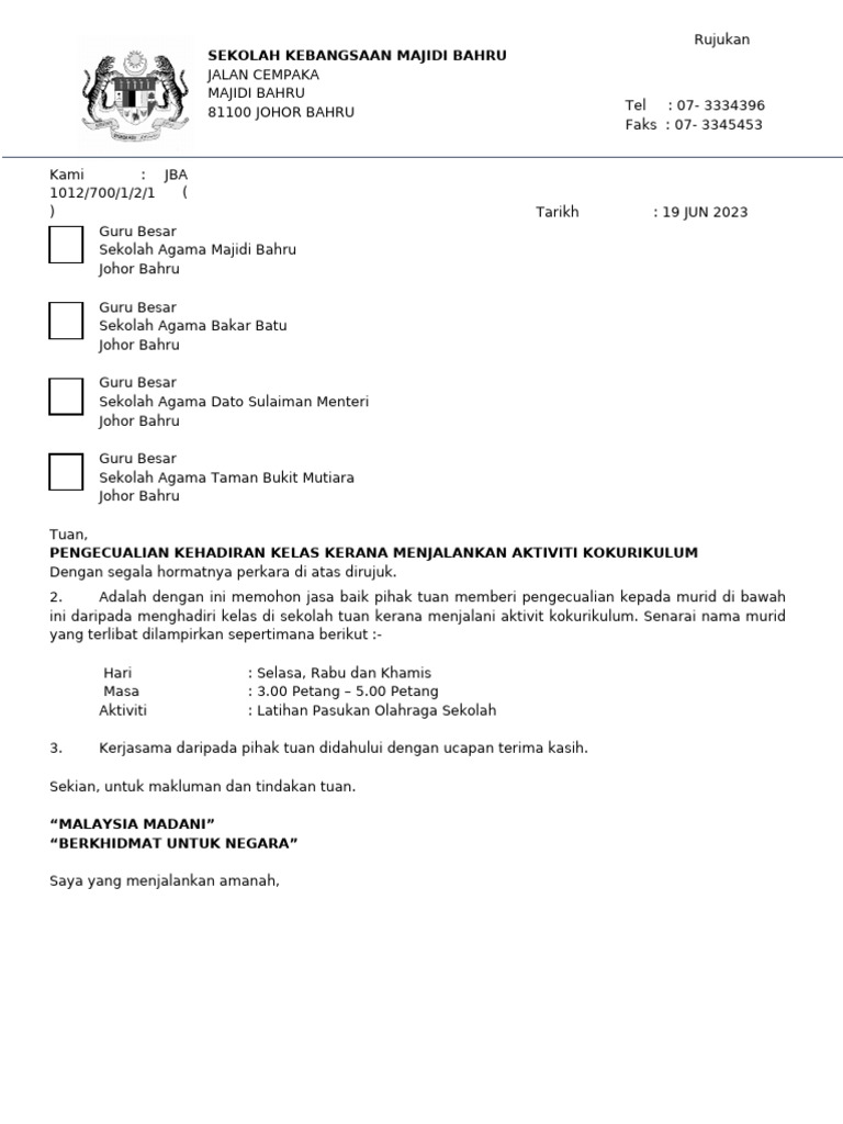 Surat Pengecualian Sekolah Agama | PDF