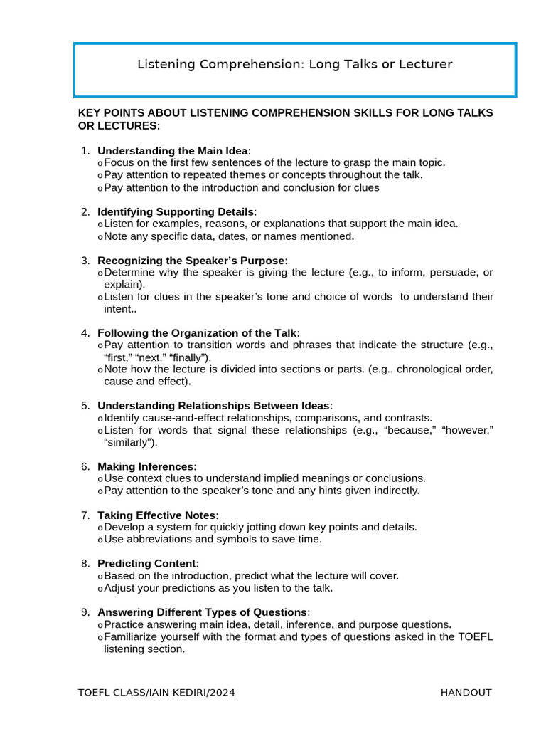 TOEFL SUMMARY-Listening Comprehention Long Talks | PDF