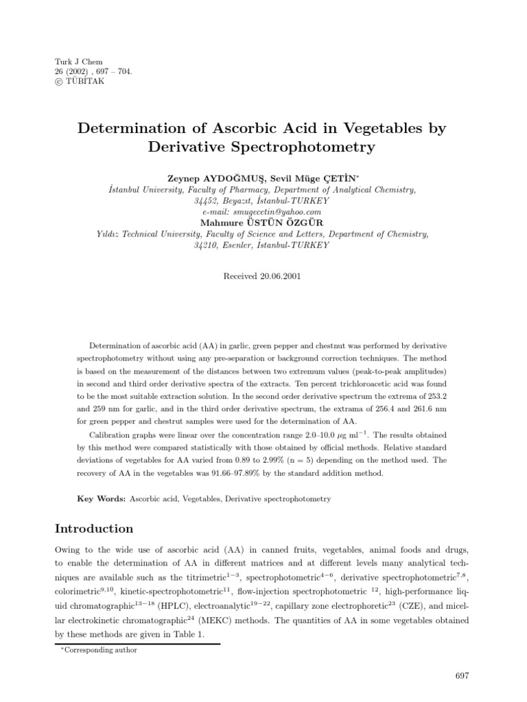 Determination of Ascorbic Acid in Vegetables by Derivative ...