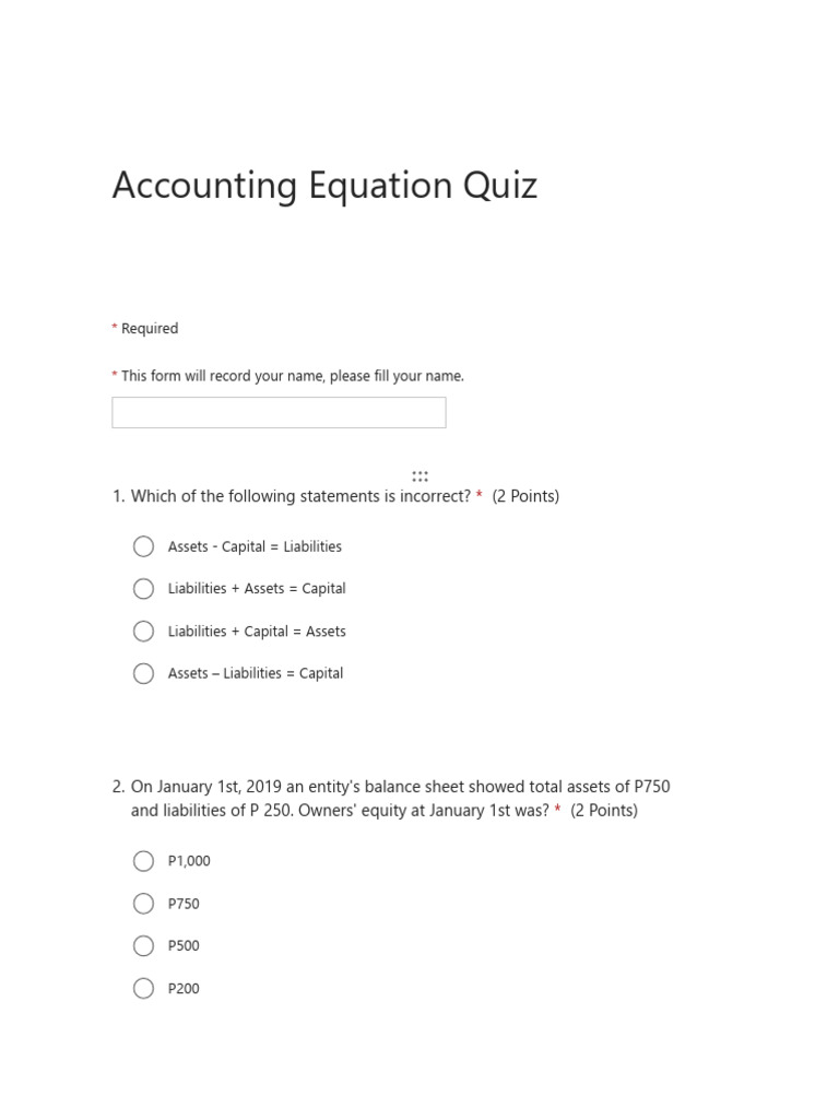 Accounting Equation Quiz (ACN 1101-6 - FINANCIAL ACCOUNTING AND ...