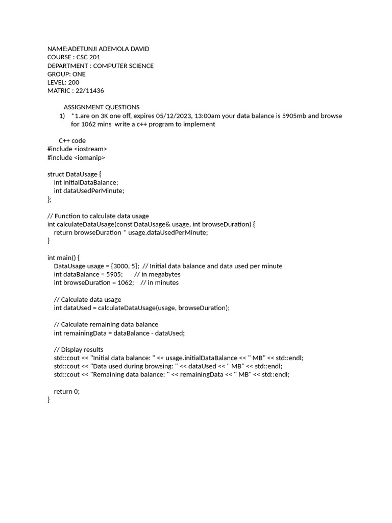 CSC 201 Assignment Ademola Adetunji David | PDF | Namespace | Object Oriented Programming
