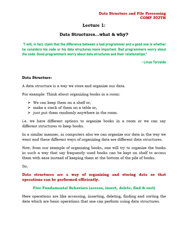 Lecture 1 Data Structures What and Why | PDF | Data Structure | Computer Programming