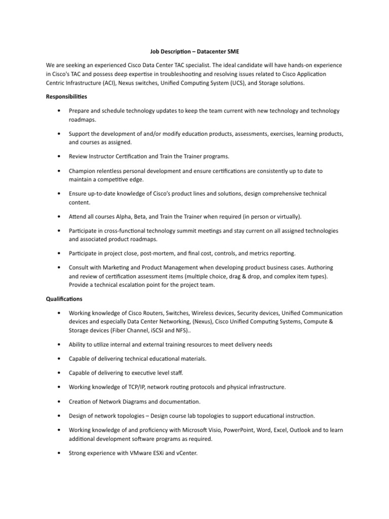 Cisco - DataCenter SME Job Description | PDF | Computer Networking ...