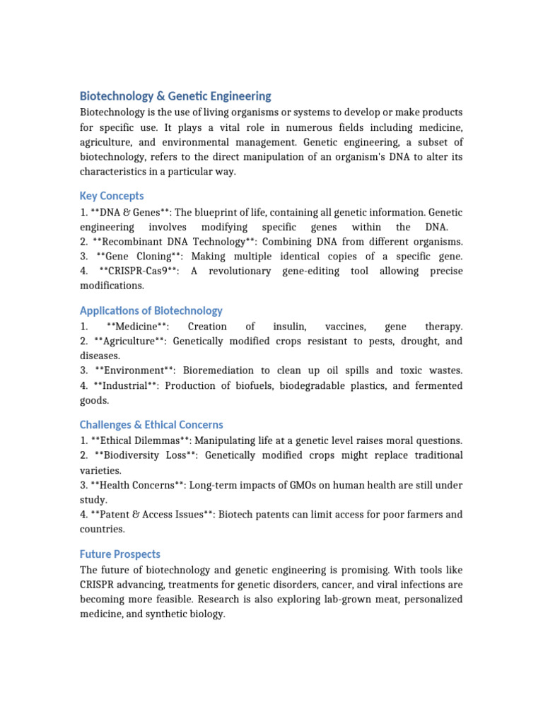 Biotechnology and Genetic Engineering Notes | PDF