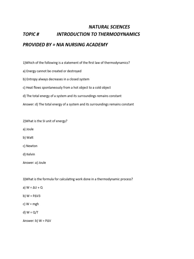 Introduction to Thermodynamics Quiz | PDF | Heat | Entropy