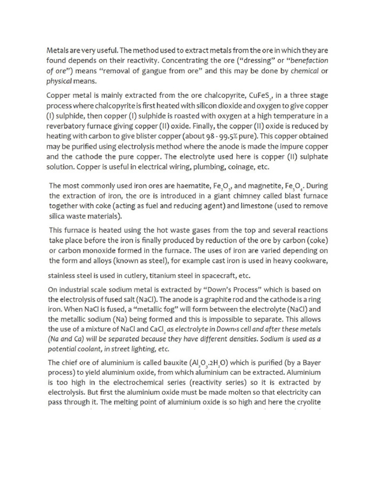 Unit 2 Summary On Extraction of Metals | PDF