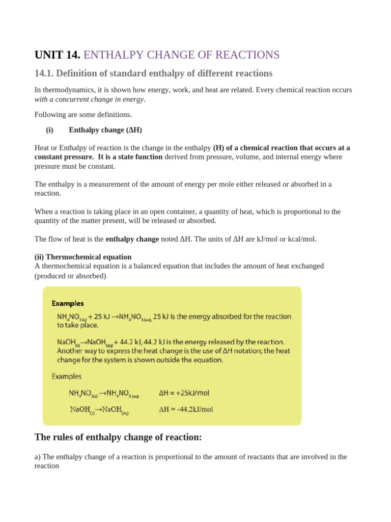 Unit 14 Enthalpy of Reactions | PDF | Chemical Bond | Solvation