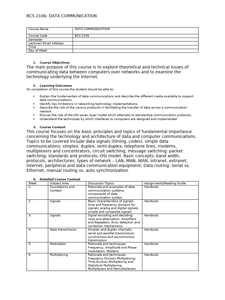 Bcs 2106-Data Communication Course Outline | PDF | Computer Network | Network Switch