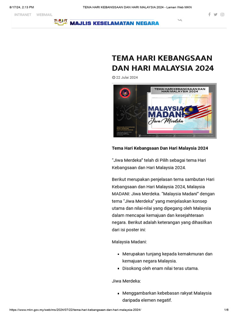 Tema Hari Kebangsaan Dan Hari Malaysia 2024 - Laman Web MKN | PDF