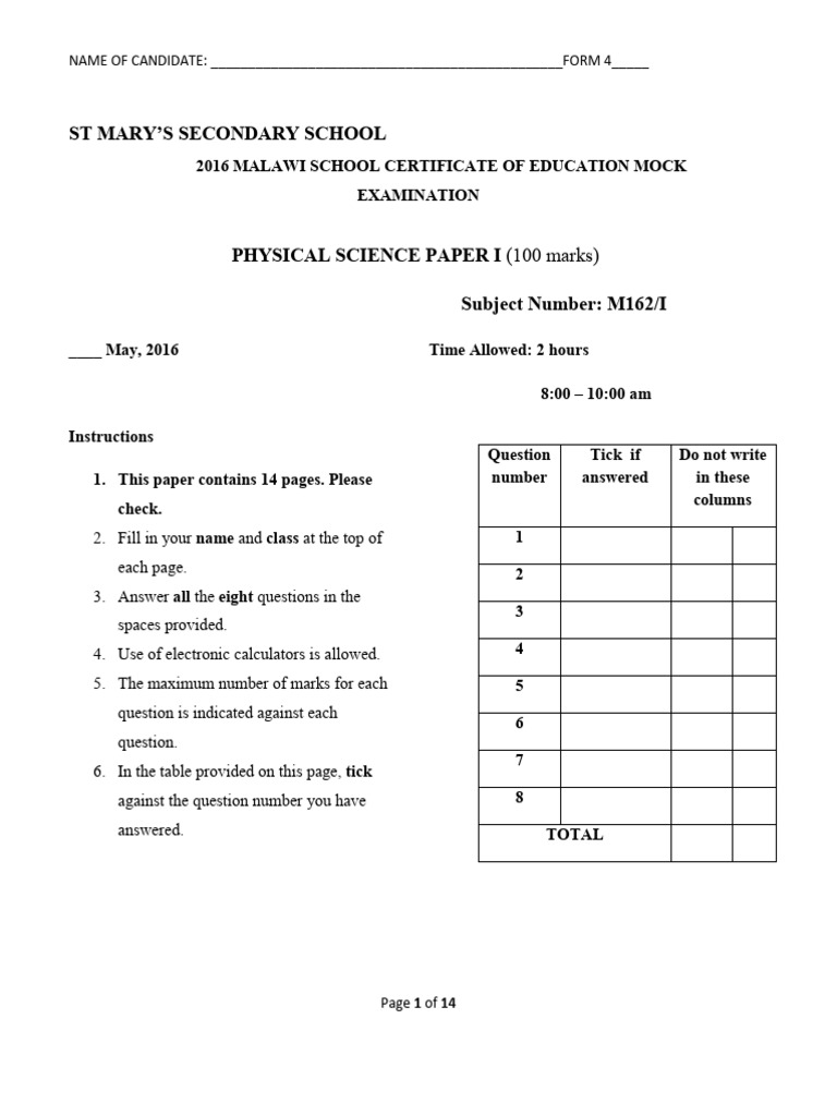 2016 ST Mary's Msce Mock Paper I | PDF | Nitrate | Zinc