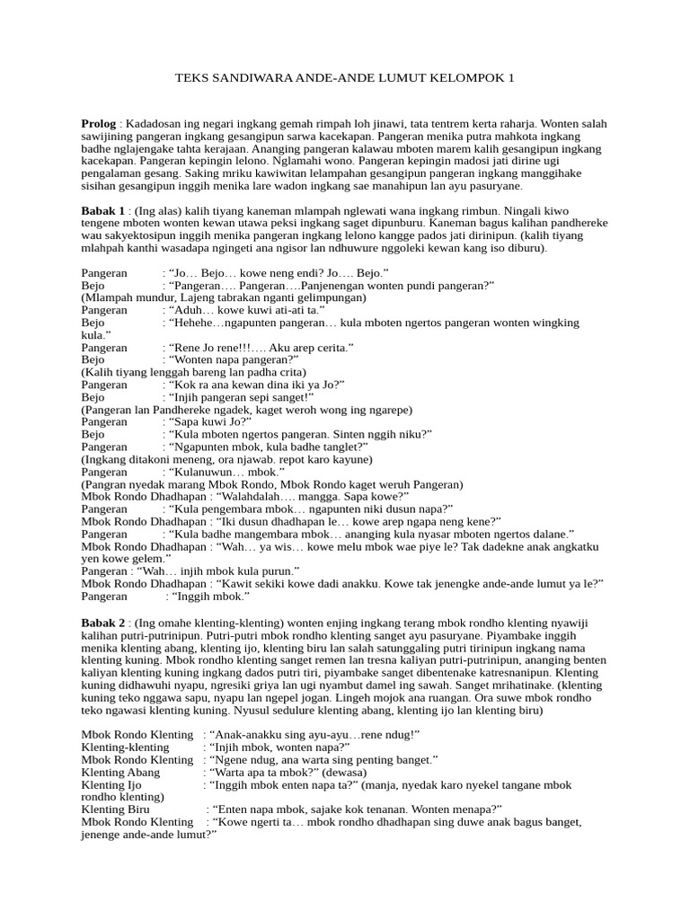 Teks Sandiwara Ande Lumut Kel 1. | PDF