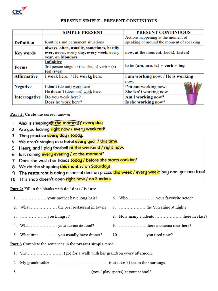 Present Simple - Present Continuous Worksheet | PDF
