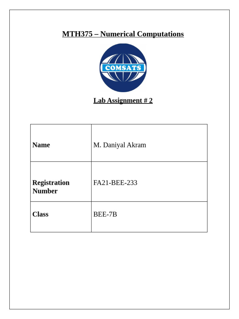 MTH375 - Numerical Computations: Lab Assignment # 2 | PDF