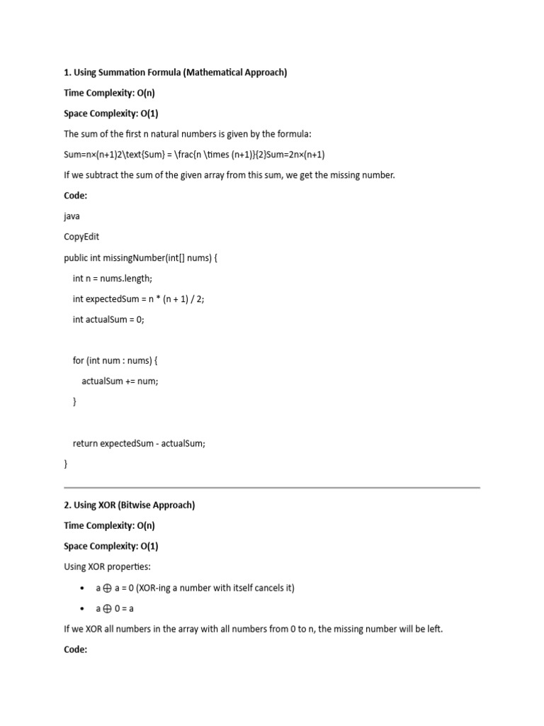 268 Find Missing Element From An Unsortd Array | PDF | Summation | Notation