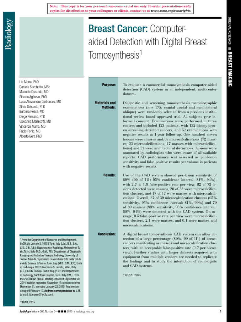 Breast Cancer Computer Aided Detection W | PDF | Mammography | Clinical Medicine