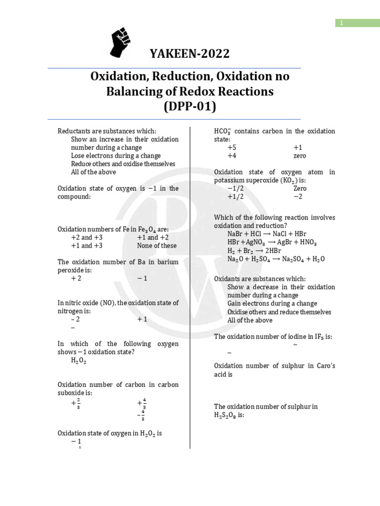 Redox Reactions and Oxidation States Quiz | PDF | Redox | Chemical ...