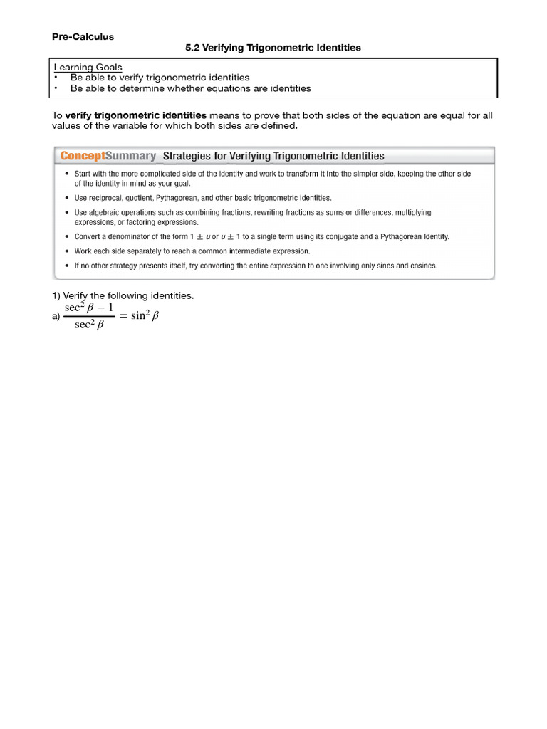 Sec 1 Sec Sin: Pre-Calculus 5.2 Verifying Trigonometric Identities | PDF