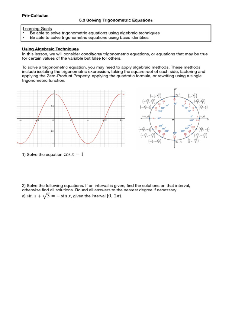 Solving Trigonometric Equations in Pre-Calc | PDF