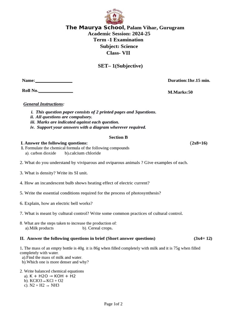 Class 7 Subjective Question Paper | PDF | Chemical Substances ...