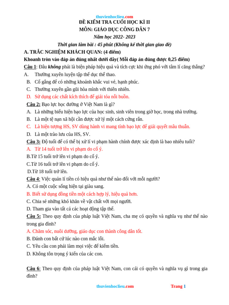 De Thi HK2 GDCD 7 KNTT | PDF