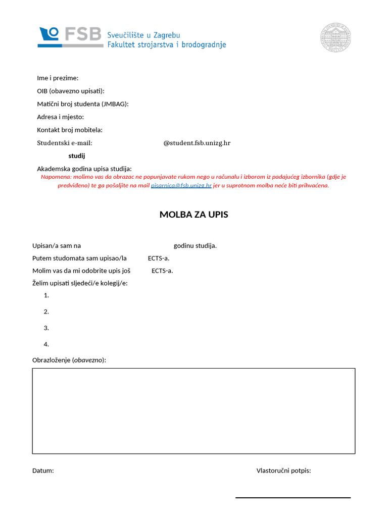 Molba Za Upis Vise Ili Dodatnih ECTS Bodova | PDF