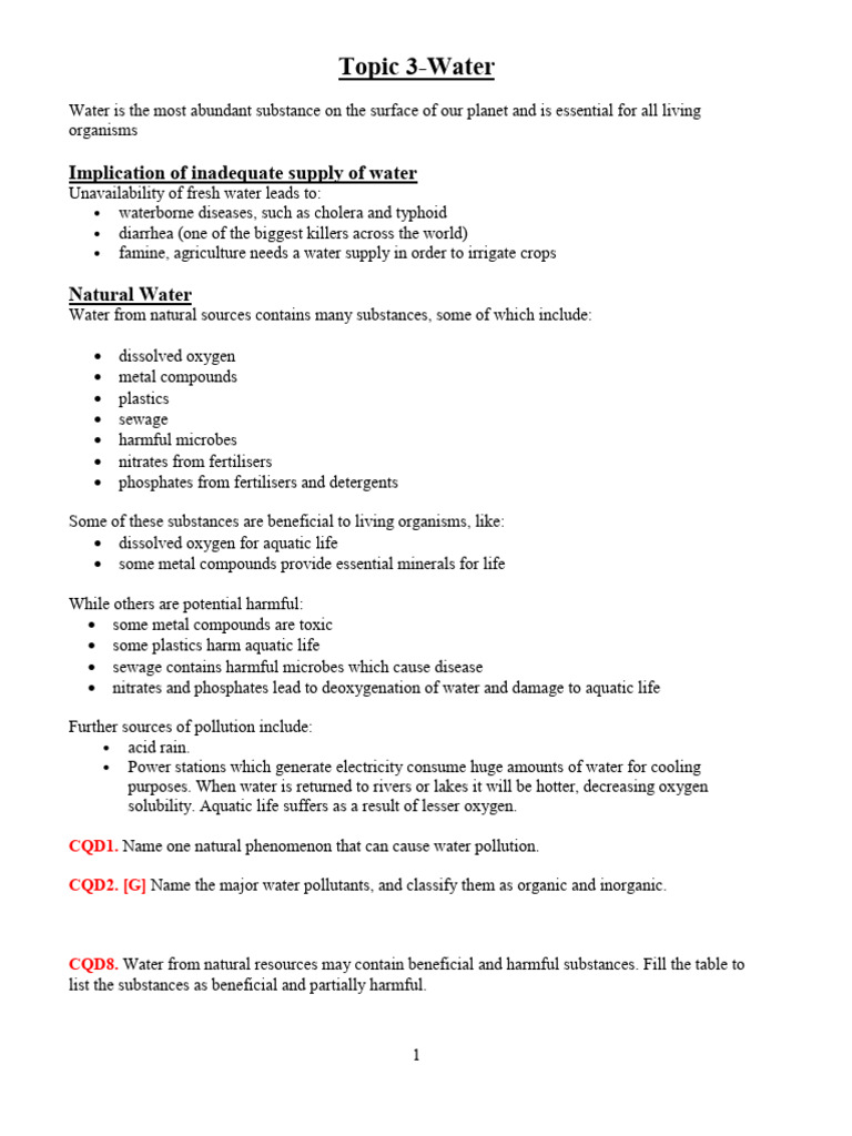 2425 Chemistry Topic 3 - Water Notes | PDF | Water Purification | Water