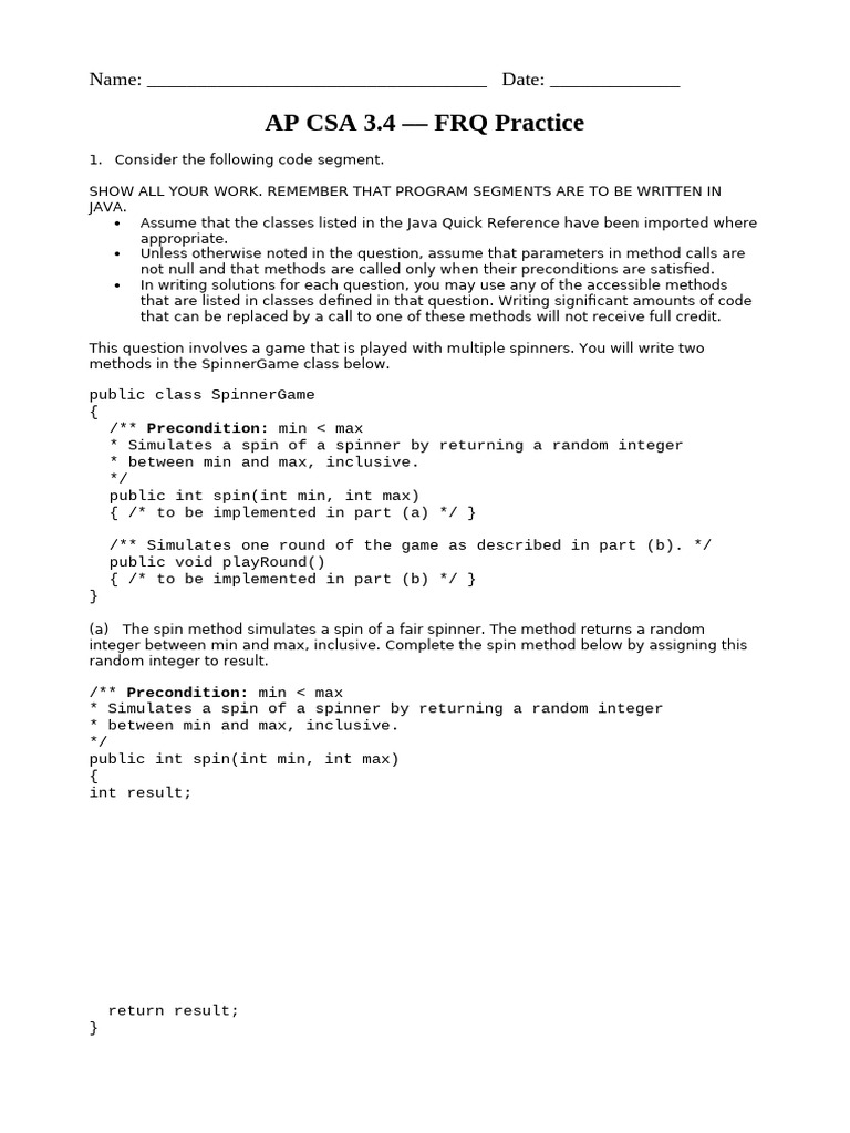 AP+CSA+3 4+in+class+FRQ+practice | PDF | Computer Programming