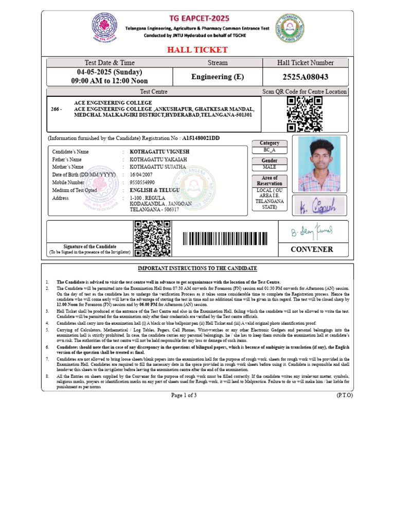 TS EAMCET 2023 Hall Ticket Details | PDF | Identity Document