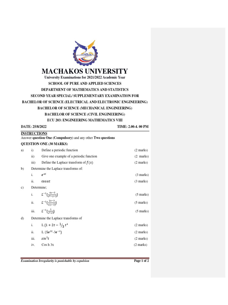 Ecu 203 Engineering Mathematics Viii 1 | PDF | Fourier Transform | Differential Calculus