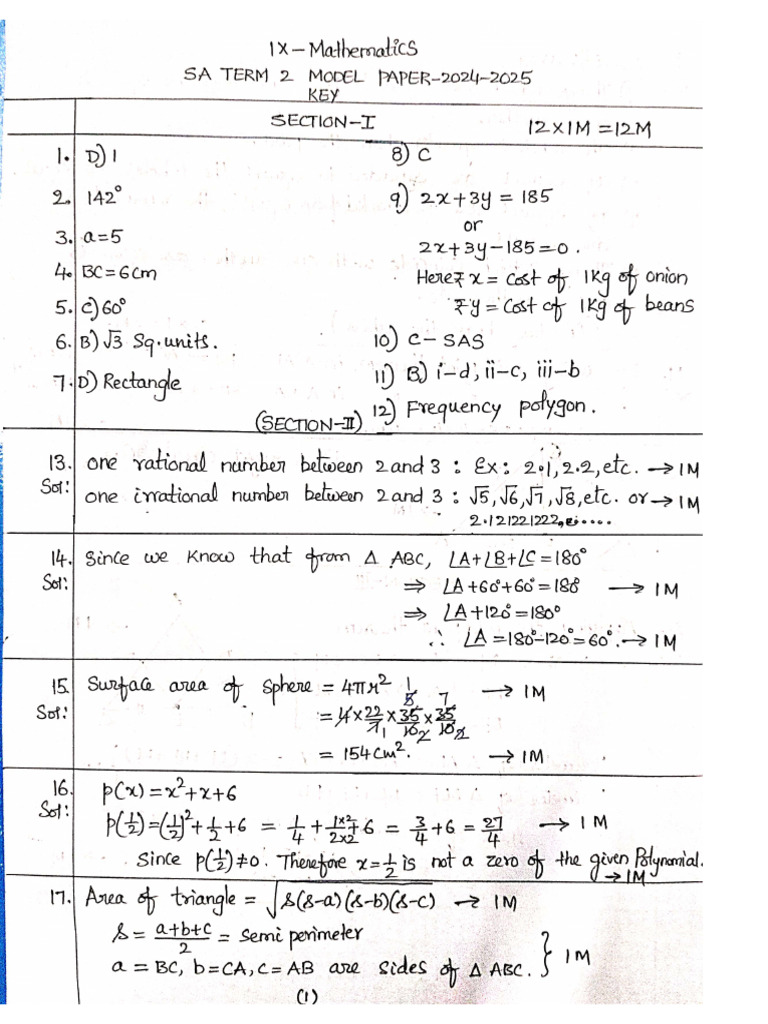 IX CLASS MATHS SA-2 KEY | PDF