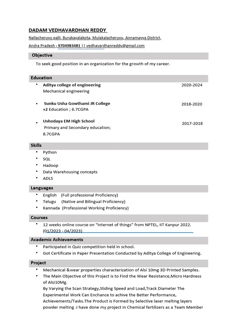 Vedhavardhan Freshser Resume (Edited) | PDF