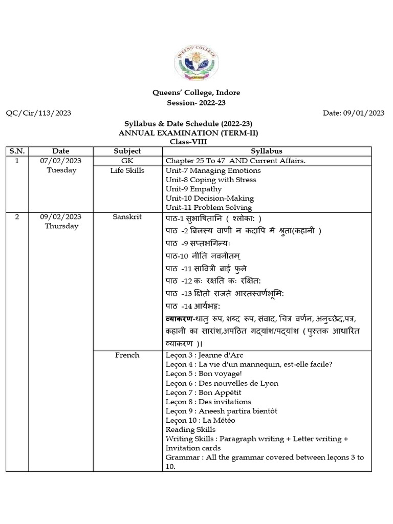 Class VIII Term-II Exam Schedule 2023 | PDF