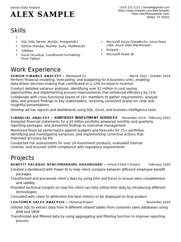 Senior Data Analyst Resume Overview | PDF | Business Intelligence | Financial Analyst