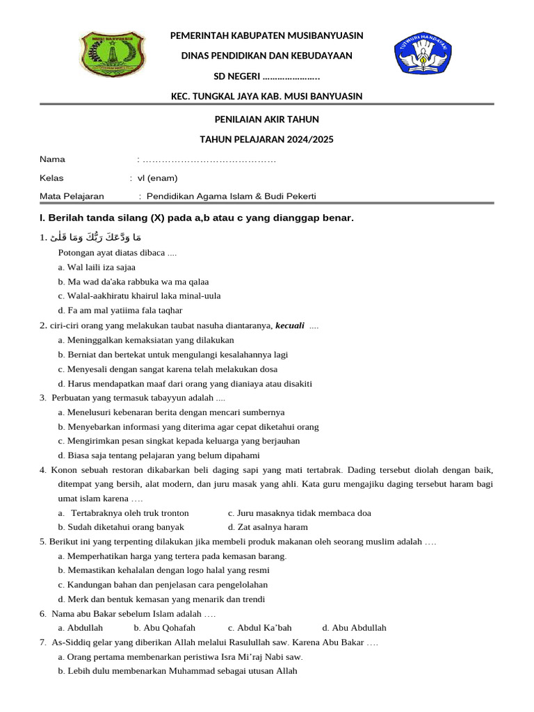 SOAL PAT KELS 6 SMT 1&2 | PDF