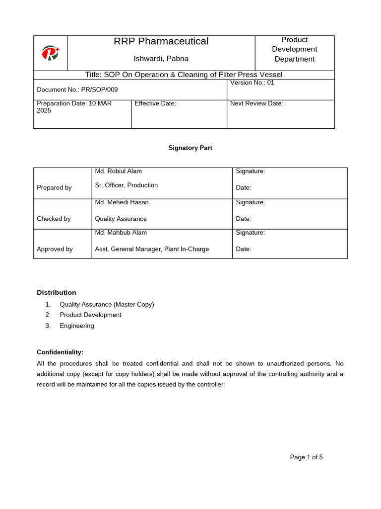 SOP for Filter Press Operation & Cleaning | PDF | Valve | Equipment