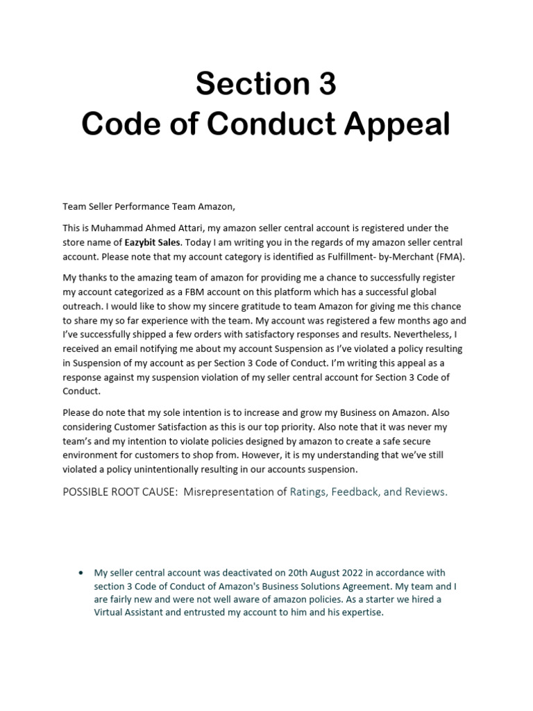 Section 3 Code of Conduct Appeal | PDF | Information | Customer