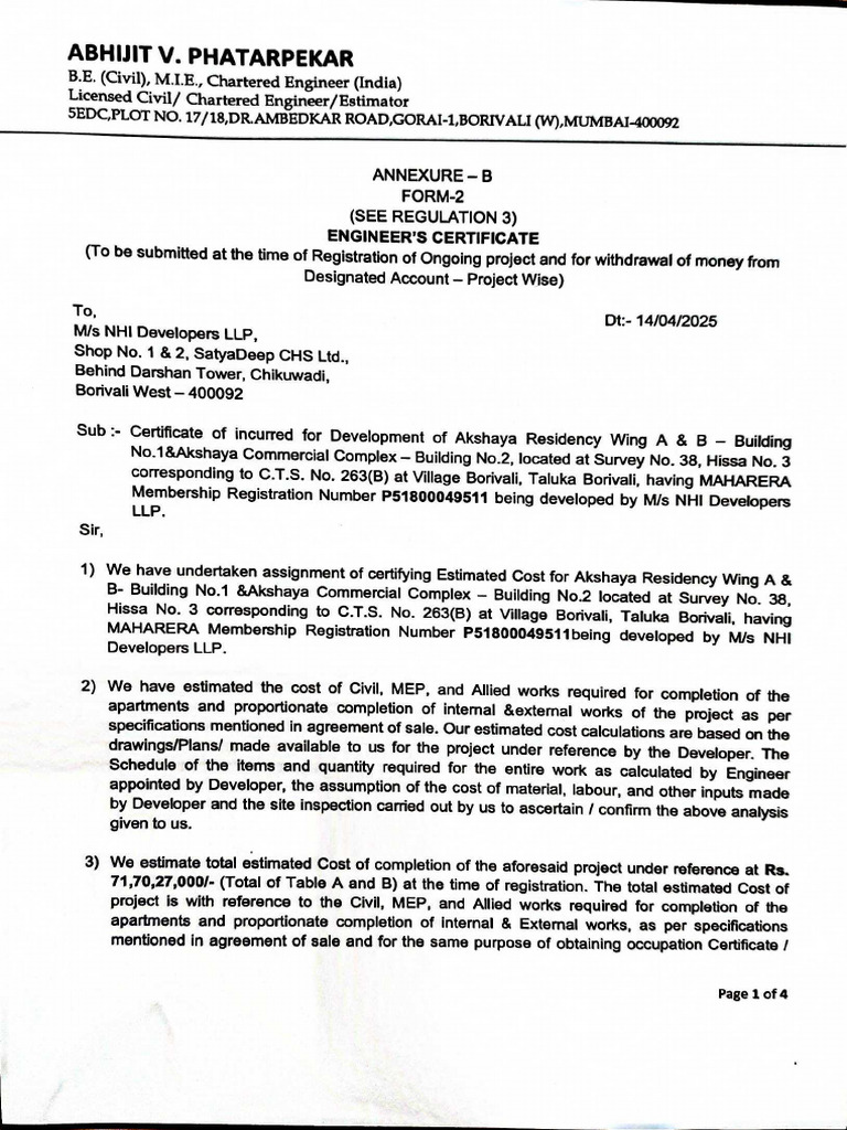 10 Engineer's Certificate On Cost Incurred On Project (Form 2) | PDF