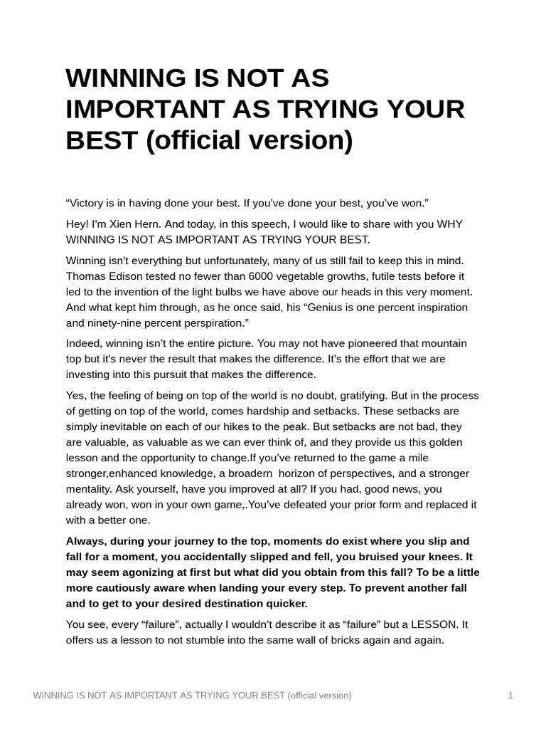 WINNING IS NOT AS IMPORTANT AS TRYING YOUR BEST (Official Version ...