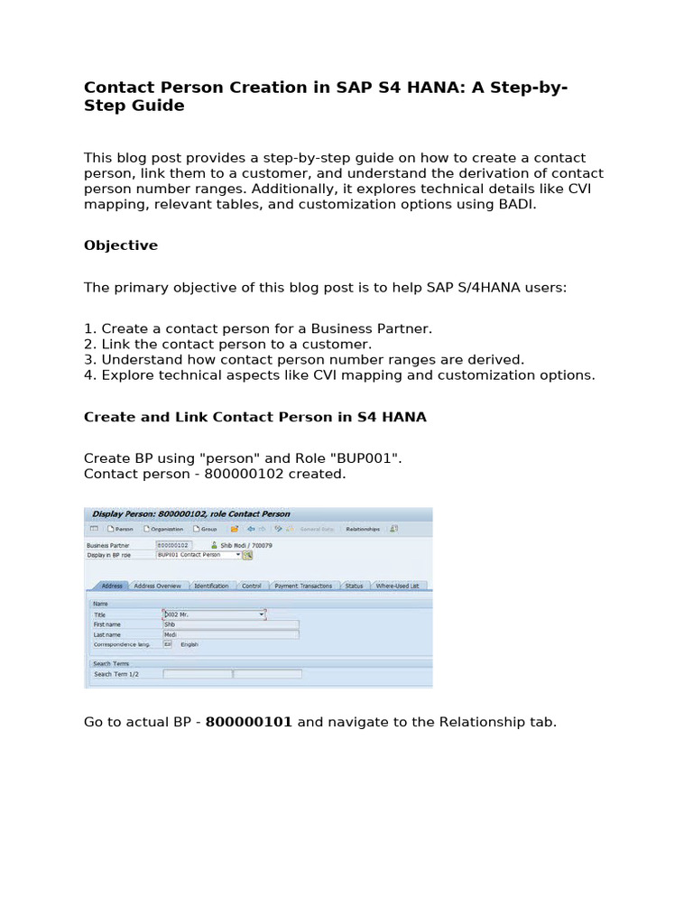 Contact Person Creation in SAP S4 HANA Step by Step Guide | PDF