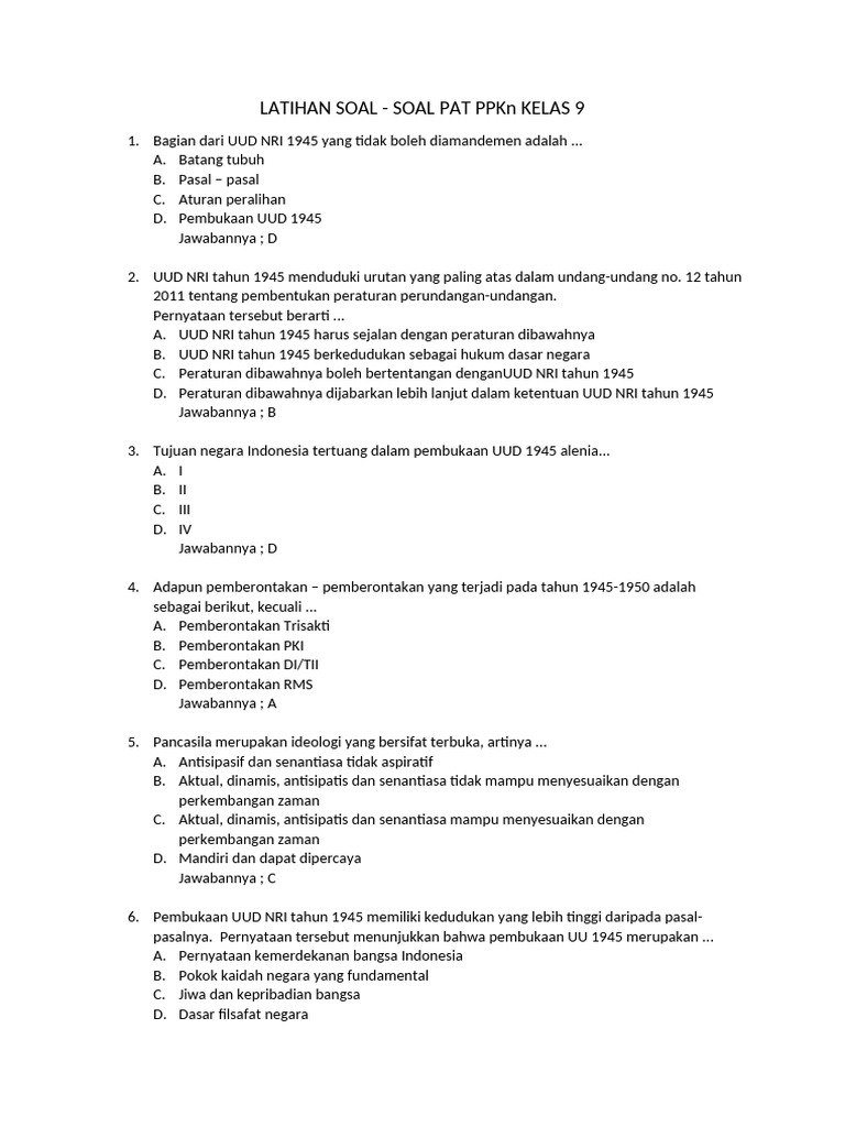 Latihan Soal PKN Kelas 9 THN 2024 | PDF