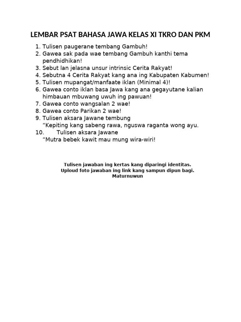 Lembar Psat Bahasa Jawa Kelas Xi Tkro Dan PKM | PDF