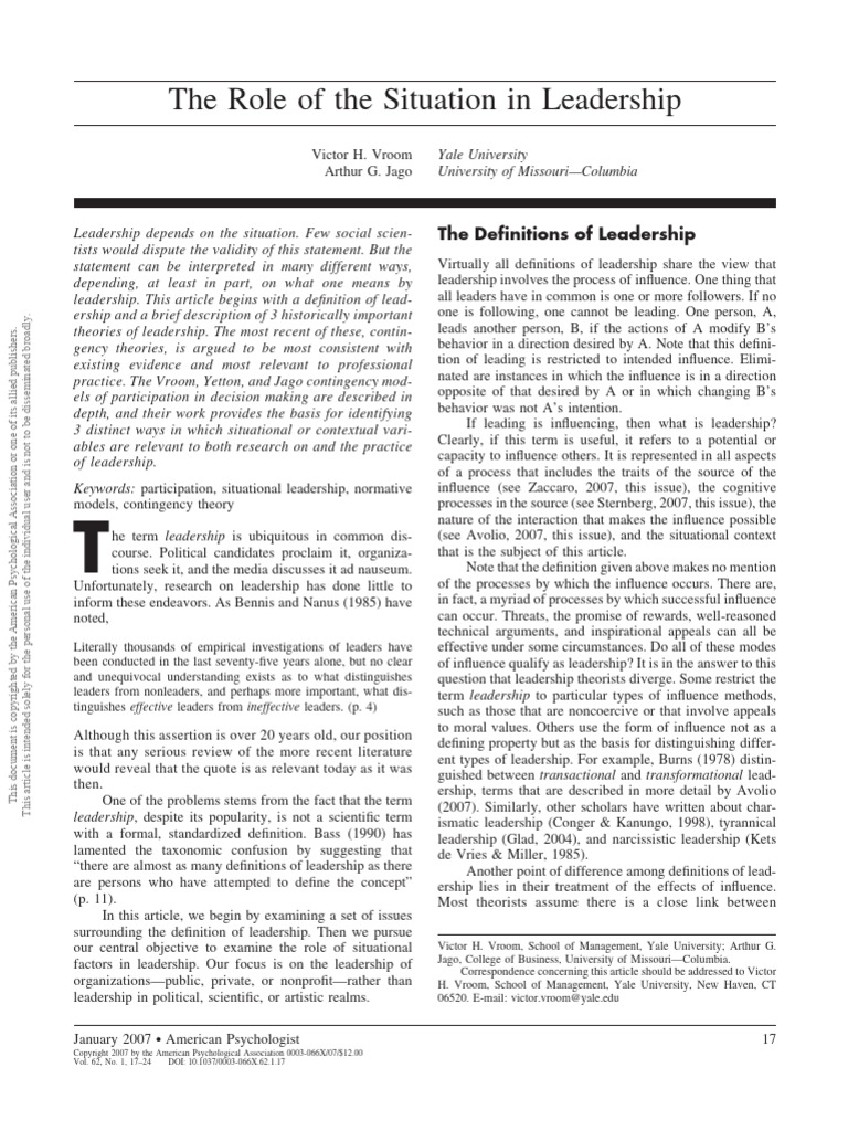 Vroom Et Al 2007 - The Role of The Situation in Leadership | PDF ...