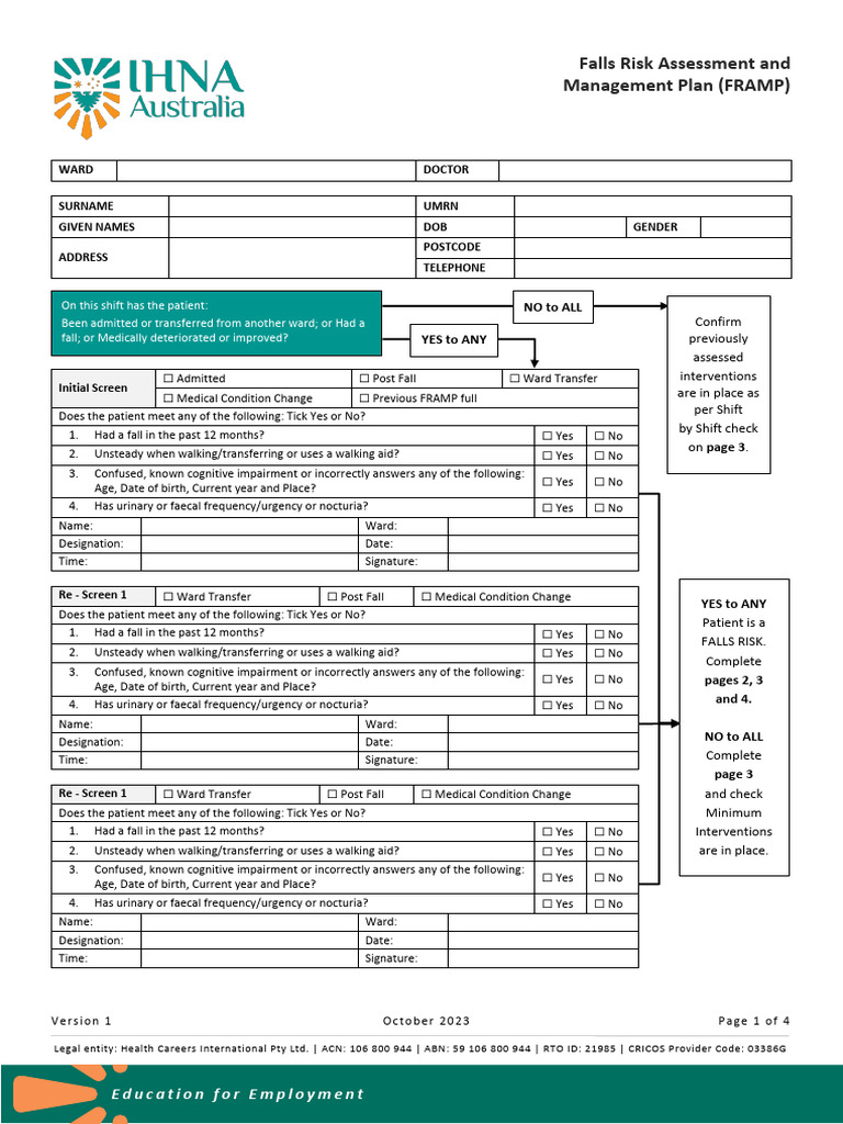 Fall Risk Assessment Form | PDF | Dementia | Medical Specialties