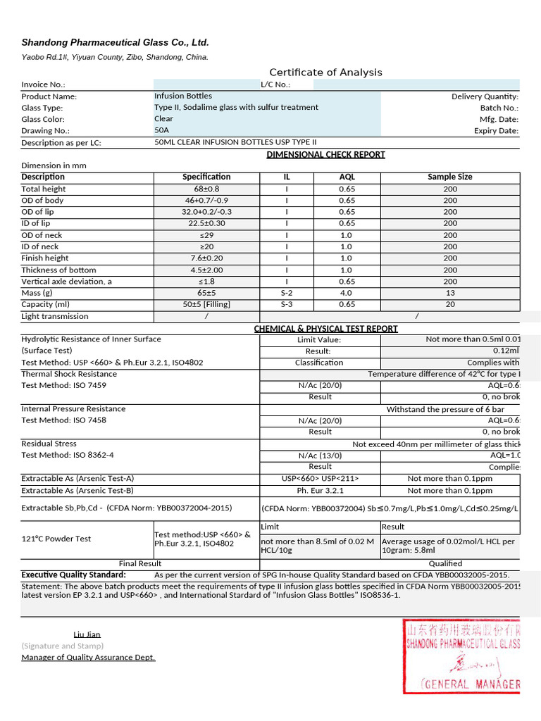 Certificate of Analysis for Glass Bottles | PDF | Glasses | Materials