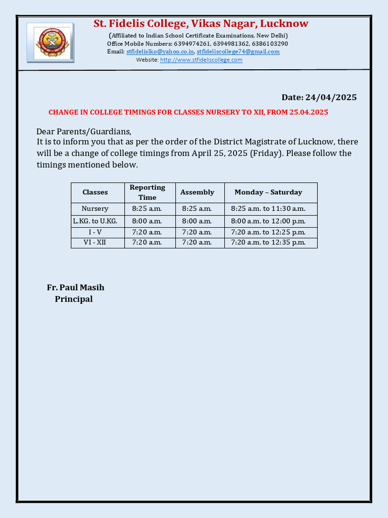 Change in College Timings - 24.04.25 | PDF