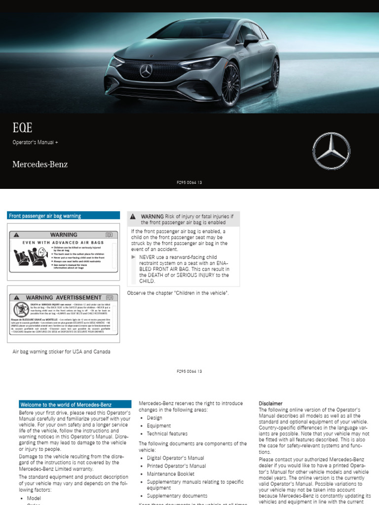Mercedes Eqe Sedan 2023 September v295 Mbux Operators Manual 1 | PDF | Telephone | Airbag