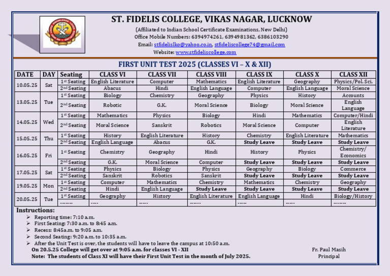 First Unit Test Exam Tme Table (Classes VI - X & XII) | PDF | Science