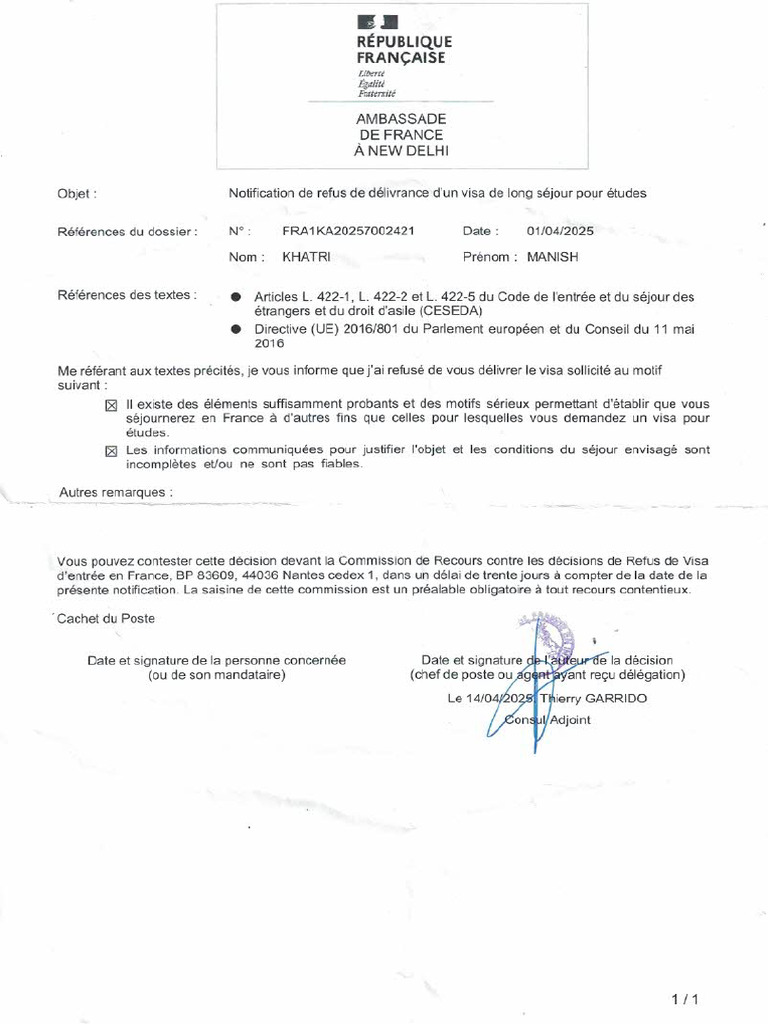 Manish Khatri Refusal Letter | PDF