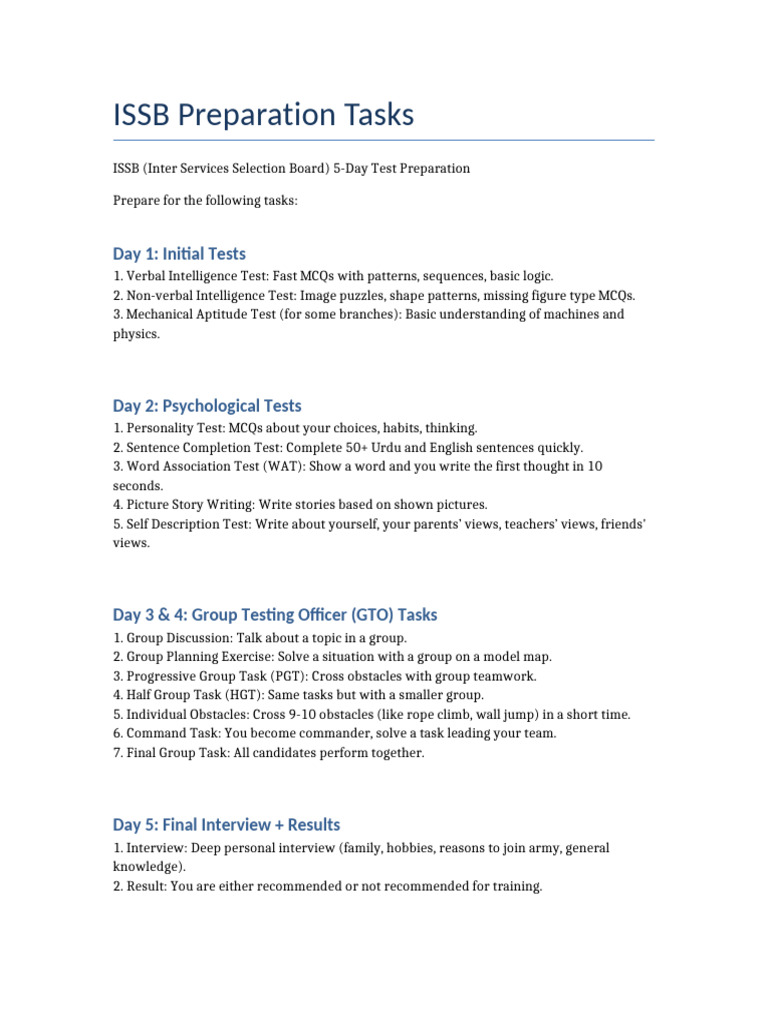 ISSB Preparation Tasks | PDF